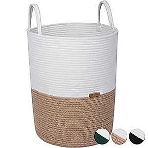 R RUNKA Extra Large Woven basket -16"x 20" Laundry Basket with Handle -Clothes Hamper, Laundry Hamper for Bedroom Living Room，Nursery Decor| Wicker Storage Basket - Off White & Jute