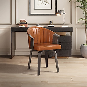 Art Leon Desk Chair No Wheels, Mid Century Modern Swivel Accent Chair, Faux Leather Upholstered Home Office Desk Chair with Wood Legs, Brown/Black Oak