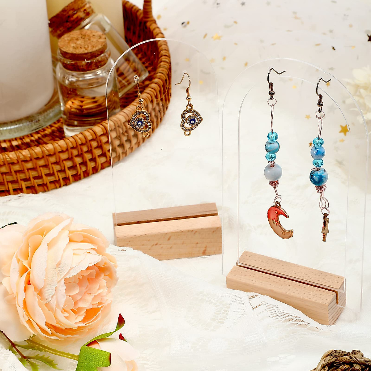 Yulejo Acrylic Earring Display Stand Jewelry Retail Holder Arch Acrylic Earring Holder Solid Hollow Acrylic Sign Stand Jewelry Displays with Wooden Bases for Studs Dangle Earrings (12)