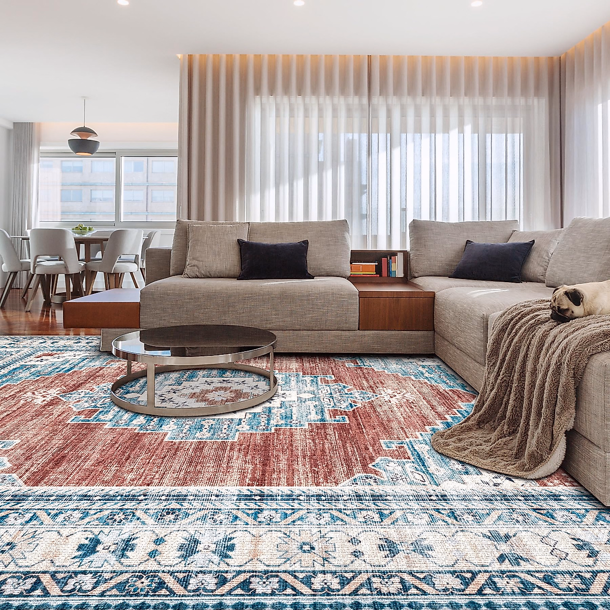 Boho Area Rug 8x10 Large Rug: Washable Non-Slip Rugs Chenille Print Rug Soft Low-Pile Indoor Vintage Carpet for Living Room Bedroom Dining Table Kitchen Home Office(BeigeBrown, 8'x10')