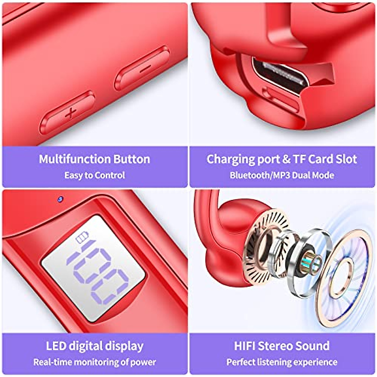 Bone Conduction Bluetooth Headphones, Open-Ear Wireless Headphones with Microphone, Sports Headset Power Display TF Card Slot Sweatproof Earphones for Outdoor, Running, Cycling, Driving, Gym-Red