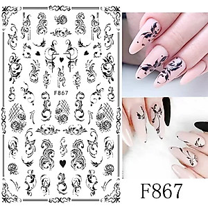 10 Sheets Spring Flower Nail Art Stickers Decals Self-Adhesive Pegatinas Uñas Black White Blossom Nail Supplies Nail Art Design Decoration Accessories