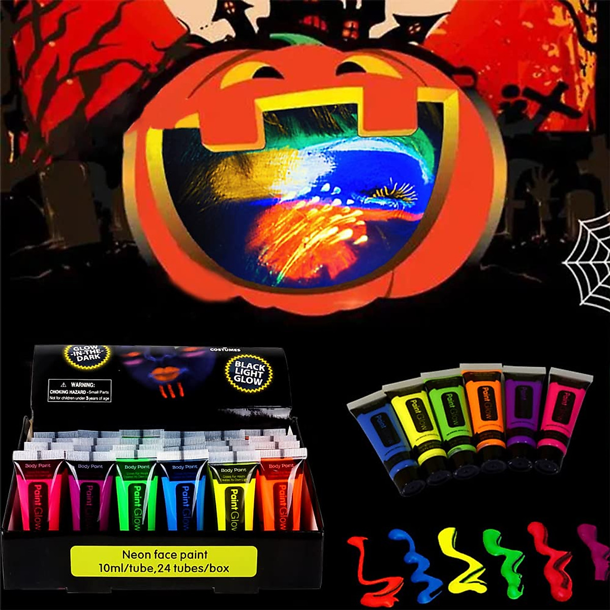 Black Light Neon Face and Body Paint Glow in the Dark Paint Halloween Blacklight Glow Party 6 Color 24 tubes