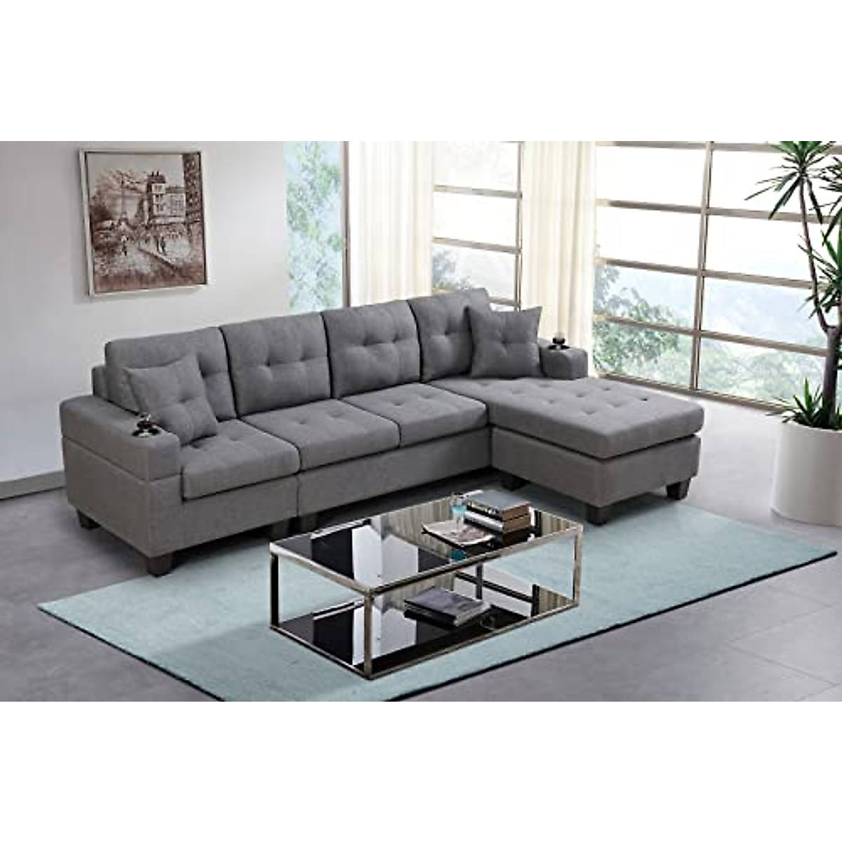 BIADNBZ Modern Sectional Sofa with Reversible Chaise Lounge and Two Cupholders, L-Shape 4-Seat Couch Furniture for Living Room Apartment, w/2 Pillows, Gray