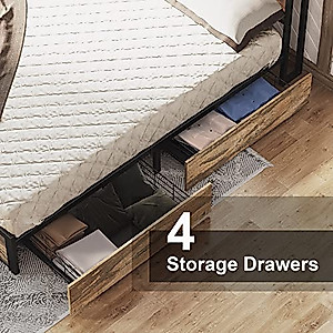 LIKIMIO Queen Bed Frame with Storage Drawer, 2-Tier Storage Headboard with Charging Station, No Box Spring Needed, Easy Assembly, Rustic Brown