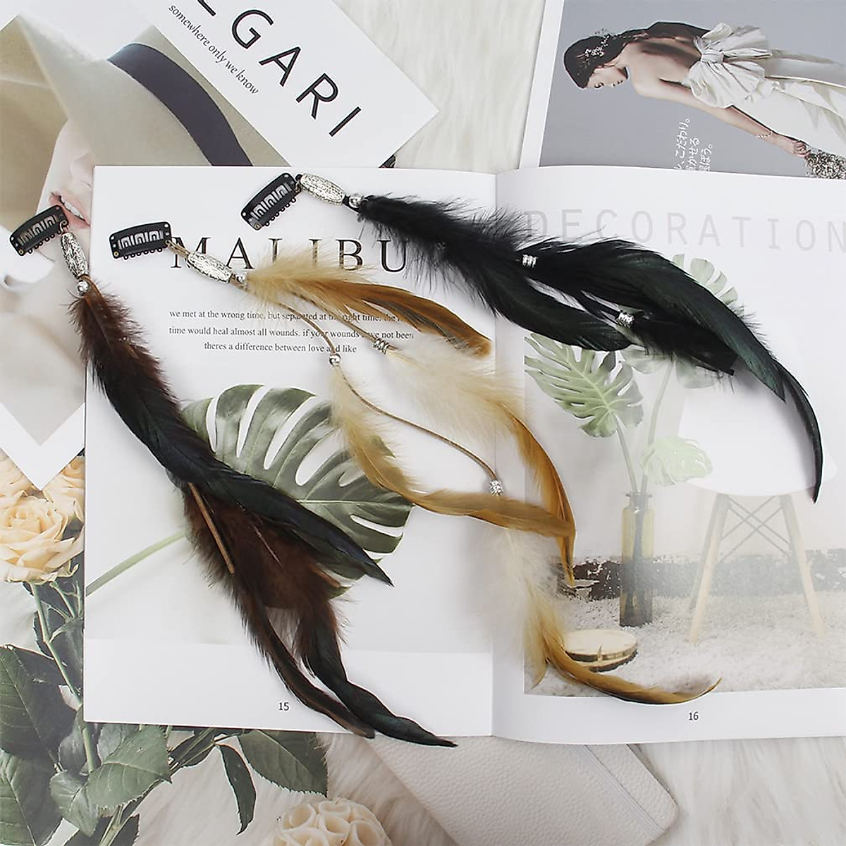 New Feather Hair Clip Extensions Handmade Feather Extension Tribal Feather Braided Beads Headdress 6 PCS