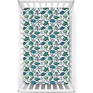 Sea Turtle Themed Fitted Crib Sheet,Standard Crib Mattress Fitted Sheet Soft Toddler Mattress Sheet Fitted-Crib Mattress Sheet or Toddler Bed Sheet,28“ x52“,Baby Blue Black Multicolor