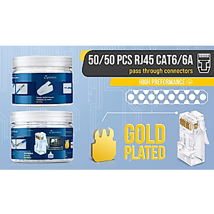Bundle – 2 items: RJ45 Crimp Tool + 50/50 Pack of Cat6/6a Pass Through Connectors and Strain Relief Boot, for a Thick 23 AWG Large Diameter UTP Cable.