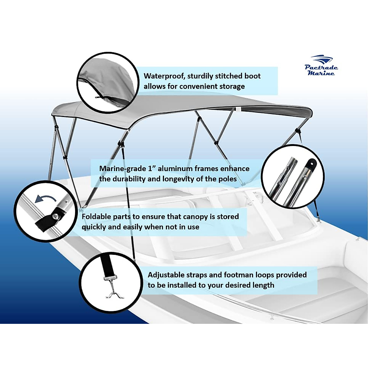Pactrade Marine Boat 3 Bow Big Bimini Top Canopy Cover UV Waterproof Grey Canvas 600D Oxford Fabric PU Coating Aluminum Poles Straps