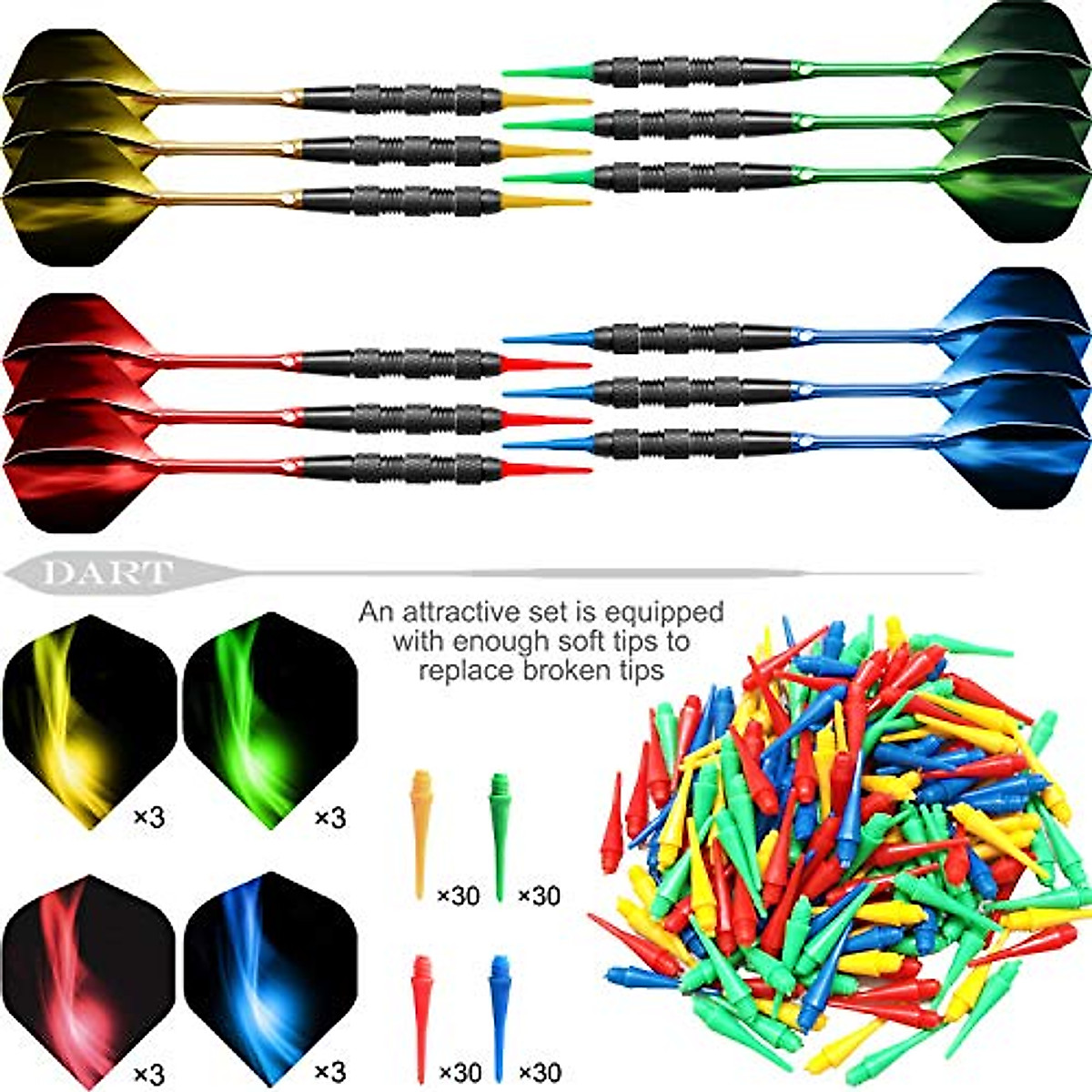 VOOVOO Plastic Tip Dart 18 Gram Soft Tip Dart Set for Electronic Dart Board, 12 Pack Professional Plastic Tip Dart Set with 120 Dart Tip Point 12 Flight 12 Aluminum Shafts