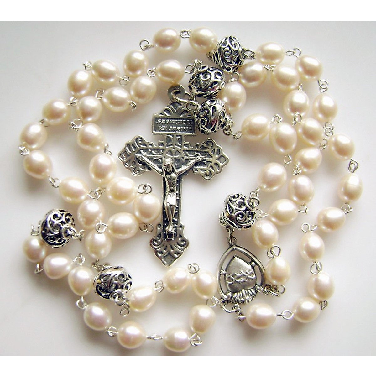 elegantmedical Bali 925 Sterling Silver 8-9mm Real Pearl Beads Catholic Rosary NECKLACE Cross