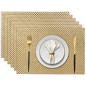 EDanle Vinyl Plastic Placemats Set of 6 Washable Heat Resistant Non-Slip Elegant Indoor&Outdoor Kitchen Dining PVC Woven Table Place Mats (Gold Weaving)