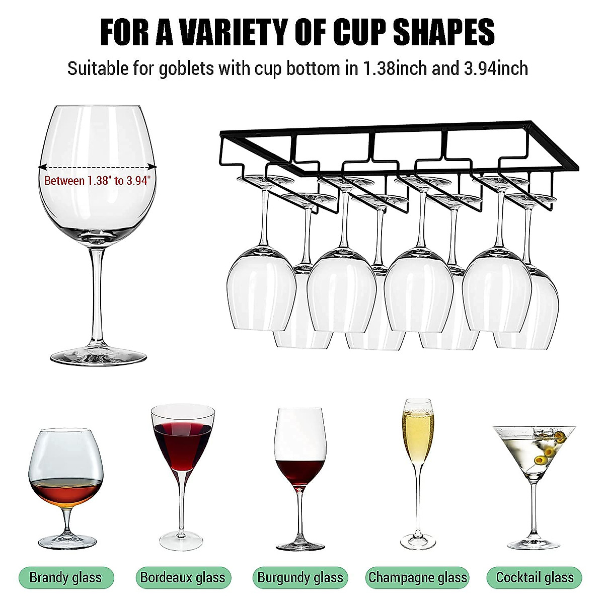 Karukera Wine Glass Holder Storage, Add an Organizer Stemware under a Floating Shelf or Cabinet to save Space, Perfect Metal Rack for your Kitchen, Bar or Countertop, with 2 Sets Mugs Holders