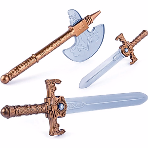 Medieval Knight in Shining Armor, Kids Crusader Pretend Role Play Plastic Costume Dress Up Cosplay with Toy Swords, Axe, Shield, Weapons & Accessories Playset