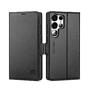 SHIELDON Wallet Case for Galaxy S23 Ultra 5G, Genuine Leather Case Kickstand RFID Blocking Credit Card Holder Shockproof Protection Magnetic Cover Compatible with Galaxy S23 Ultra 6.8" 2023 - Black