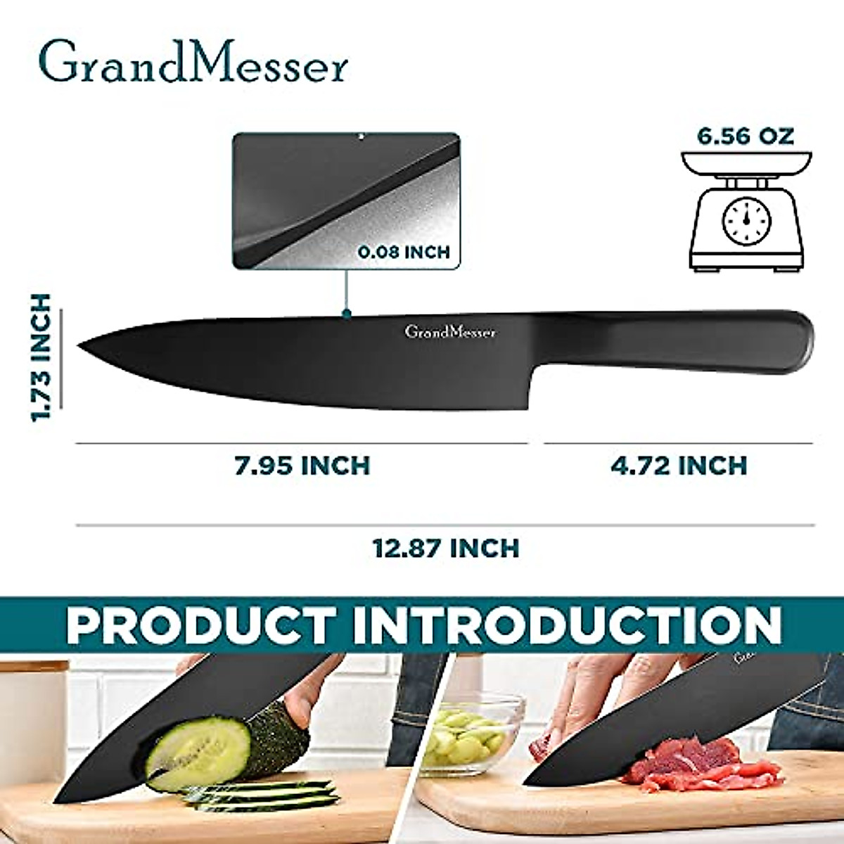 GrandMesser Cooking Chef Knife, 8 Inches Carbon Stainless Steel Kitchen Knife with Sharpener and Ergonomic Handle, Chopping Knife for Professional Use (Titanium Black)