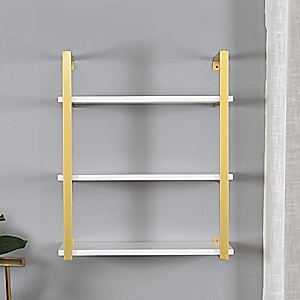 SSS Furniture 3-Tier Modern Rustic Floating Wall Shelves, 24 Inch Industrial Shelving Iron Wall Shelves,White and Gold Farmhouse Wall Bookshelf Mounted for Bedrooms Office