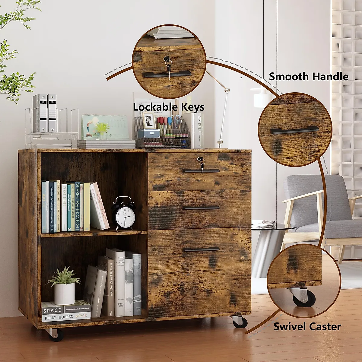 AWQM Wood Filing Cabinet, Rustic Brown