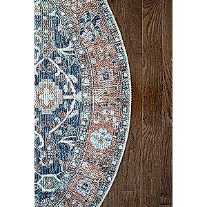 Softwoven Rugs, 5' Round Machine Washable Rug, 90% Cotton, Non-Slip, Family & Pet Friendly, Stain Resistant, Non-Shed, Vintage Design Area Rug for Living Room, Hallway - Navy and Brown