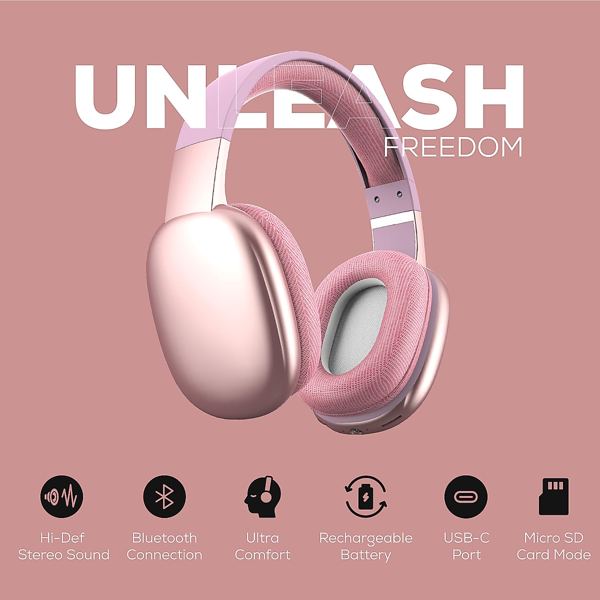 Gabba Goods Wireless Over Ear Bluetooth Headphones with Microphone - Wireless Headset -Noise Reduction - Bluetooth, Wired,Built in Micro SD for Travel, Home, Work TV,PC,Gaming,Cellphone (Pink)