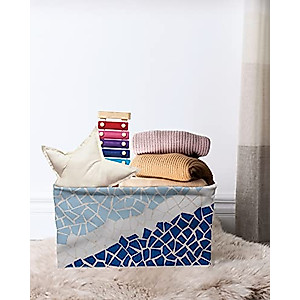 Storage Organizer Bins Set of 2 Storage Baskets for Clothes on Shelves With Handles Tile Pattern Marble Indigo Blue Rectangular Fabric Laundry Baskets for Organizing