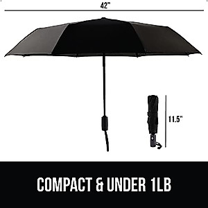 Gorilla Grip Compact Travel Umbrella for Rain, Windproof Reinforced Fiberglass Ribs, Coated, Portable, One-Click Automatic Open and Close, Collapsible and Lightweight Small Umbrella, 42 Inch, Black