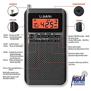 NOAA Weather AM FM Radio Portable Battery Operated by 2 AA Batteries with Stereo Earphone, LCD Display Digital Alarm Clock Sleep Timer,Best Reception,Built in Speaker Best Sound Quality(Black)