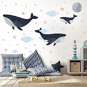 OLMIXA Watercolor Whale Wall Decal, Sea Animal with Moon Stars Clouds Wall Stickers, Vinyl Undersea Ocean Themed Wall Art for Nursery Toddler Room Playroom Decor