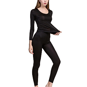 Grenasasilk Womens Silk Long Underwear Mulberry Silk Long Johns Silk Thermal Underwear Sets Cold Weather Base Layer (M, Black)