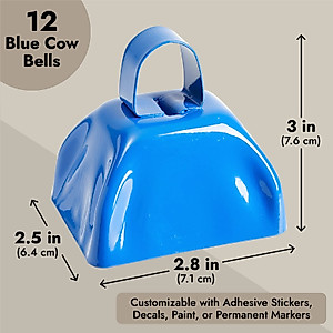 Set of 12 3-inch Cowbells with Handle, Hand Percussion Cow Bells Noise Makers for Sporting Events, Football Games (Blue)