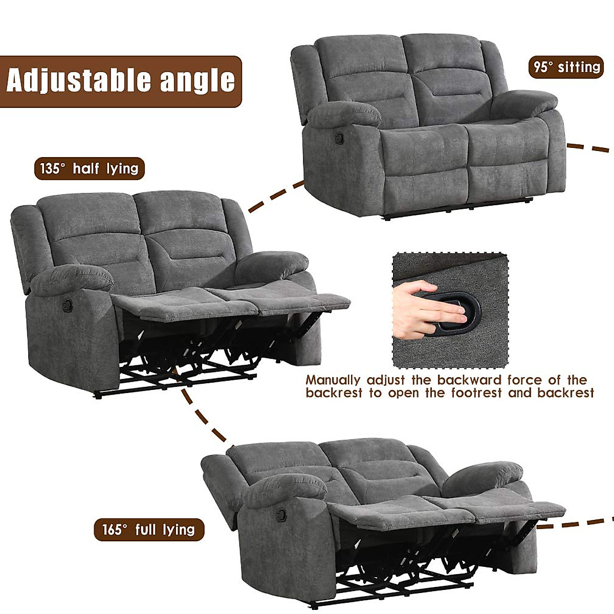 FDW Recliner Sofa Set Sectional Sofa for Living Room Home Theater Seating Reclining Couch Sofa Manual Recliner Motion for Home Furniture (Grey, Love Seat)