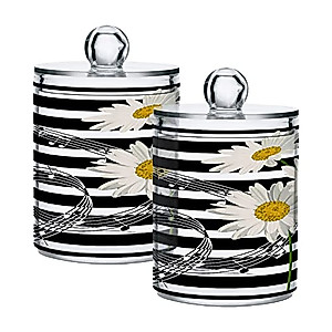 xigua 2 Pack Daisies Music Notes Apothecary Jars with Lid, Qtip Holder Storage Containers for Cotton Ball, Swabs, Pads, Clear Plastic Canisters for Bathroom Vanity Organization (10 Oz)