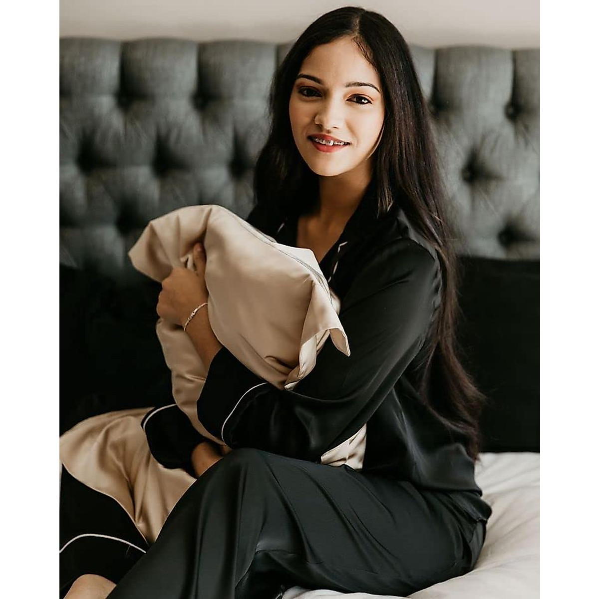 Samring Womens Silk Satin Pajamas Long Sleeve Loungewear Two-Piece Sleepwear Button-Down Pj Set Black XL