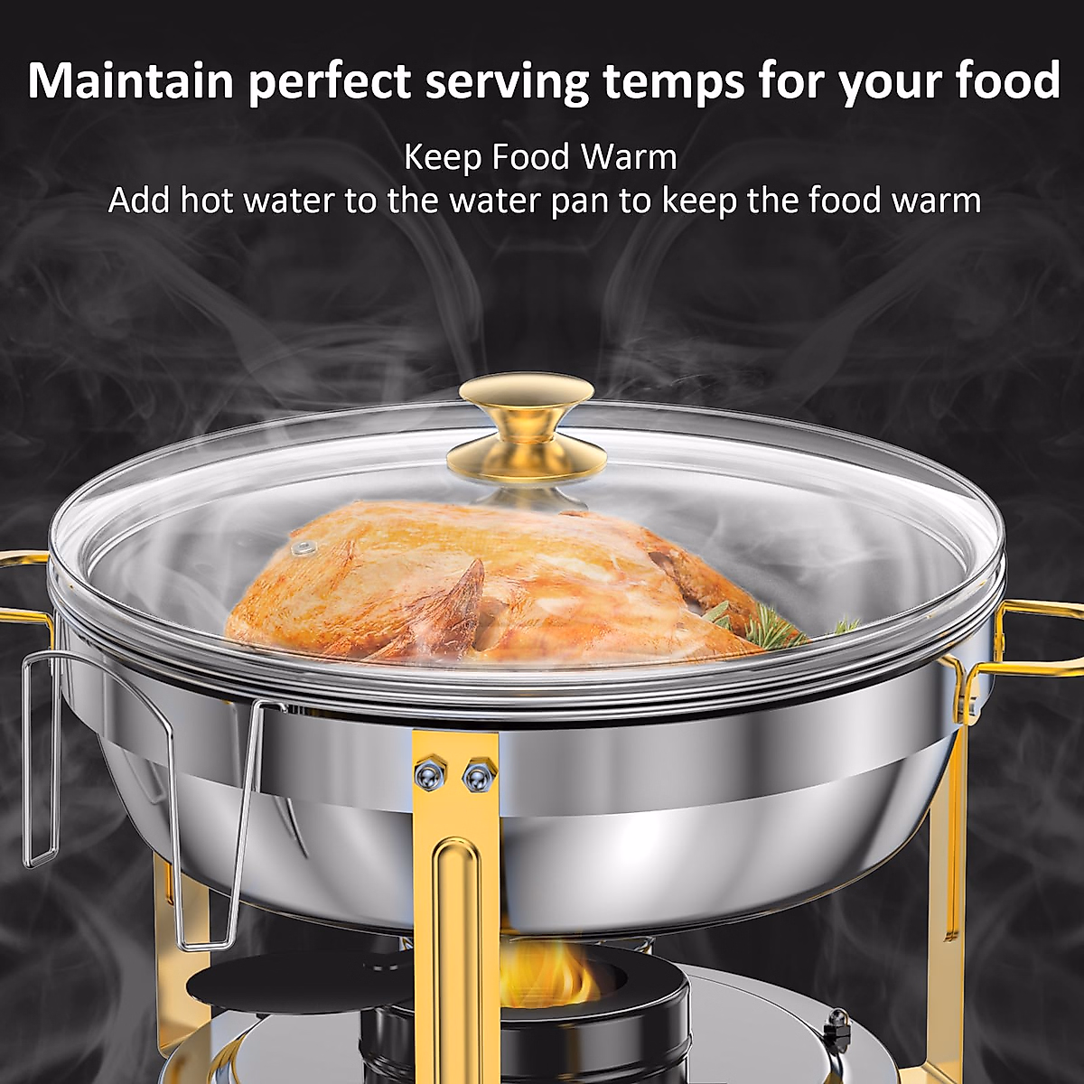 Amhier 5 Qt Chafing Dishes for Buffet with Glass Lid and Holder, Stainless Steel Chafing Dish Buffet Set with Food and Water Pans for Parties and Weddings, Gold, 4 Pack