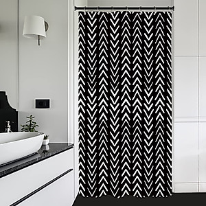 Riyidecor Black Stall Small Boho Shower Curtain for Bathroom Half Size 36x72 Inch Geometric Chevron Striped Herringbone Single Narrow Tiny Walkin Rv Dorm Decor Fabric Bathroom Set Polyester Waterproof