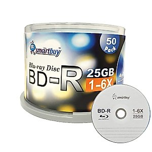 Smartbuy 50-disc 25gb 6X Bd-r BDR Blu-ray Single Layer Logo Top Surface Blank Data Recordable Media Disc with Cakebox/Spindle Packing
