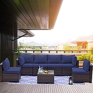 Kullavik Outdoor Patio Furniture Set, 7-Piece Patio All-Weather Outdoor Sofa, PE Wicker Combo Set with Coffee Table and Washable Sofa Seat Cushions (Navy Blue)