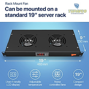 Rack Mount Fan - 2 Fan Server Cooling System - 1U 19" Rackmount Cabinet Panel Adjustable Temperature Control (Digital Heat Monitor Display) Sensor Alarm (Overheat Air Flow Top Exhaust) Tupavco TP1721