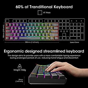 KOORUI 60% Gaming Keyboards, 61 Keys Wired Ultra-Compact Mechanical Keyboard 26 RGB Backlit with Red Switch Mini Keyboards for Windows MacOS Linux