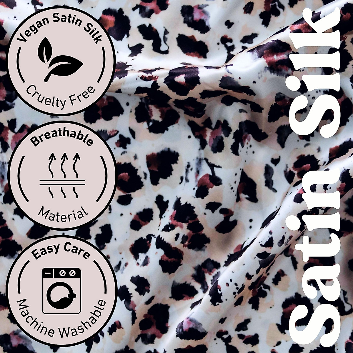 Satin Pillowcase for Hair and Skin by Fenrici, Includes 1 Queen Size Satin Pillow case, 2 Matching Scrunchies, Luxury Beauty Sleep Set, Leopard Print, Pink, Queen/Standard, Gift for Her