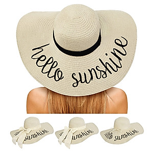 Beach Hats for Women - Foldable Straw Hat Embroidered Wide Brim Floppy Sun Hat UPF 50+, Honeymoon, Travel, Cruise White
