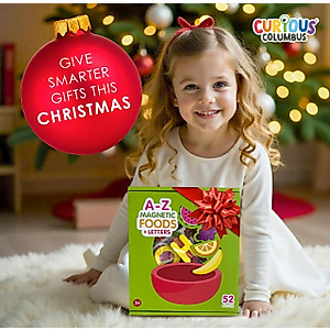 Curious Columbus - Fridge Magnets for Toddlers - Learning Magnets for Toddlers - Set of 52 Toddler Magnets - 26 Big Foam Food Magnets + 26 ABC Alphabet Magnets - Fun Refrigerator Magnets for Kids