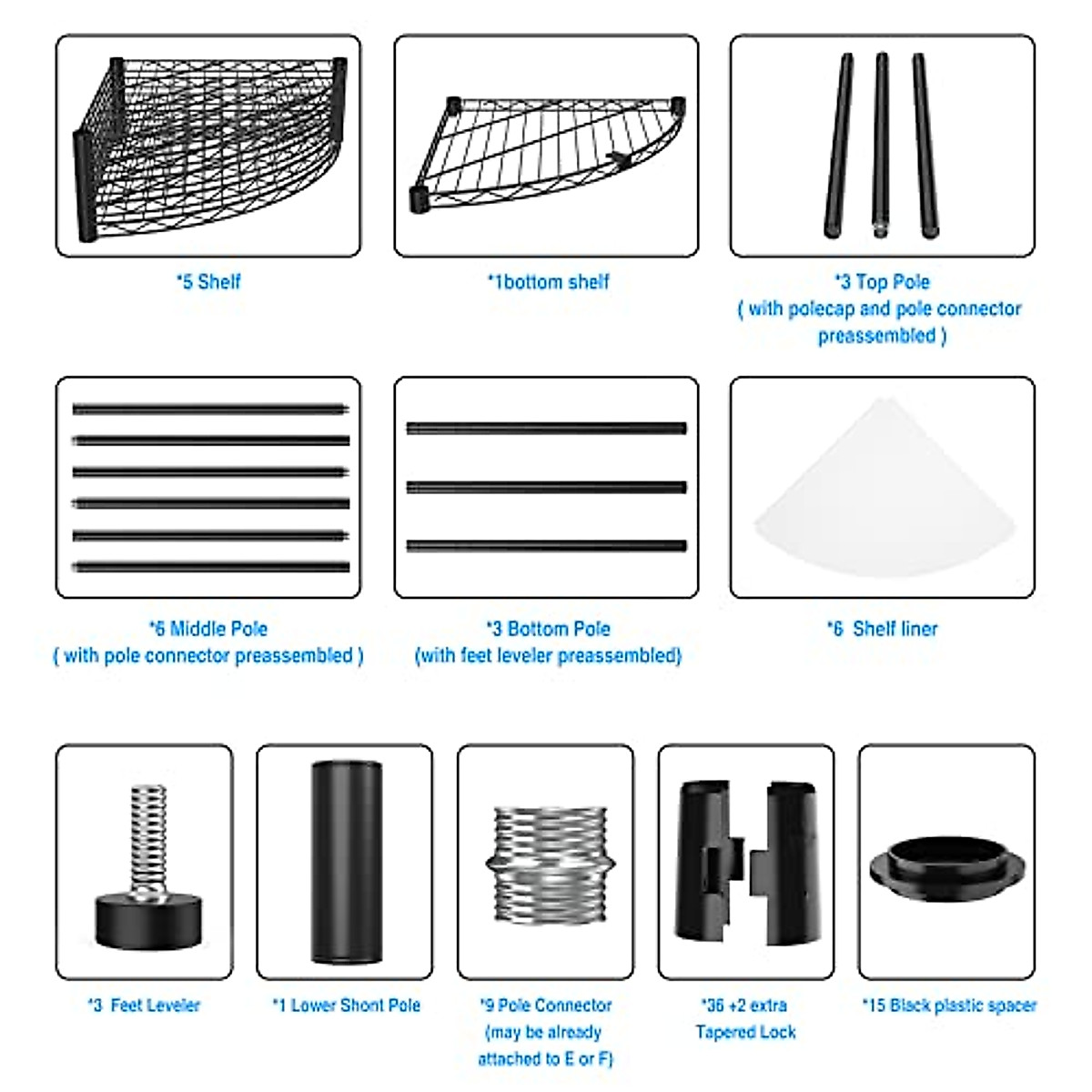 6 Tier NSF Corner Wire Shelf Shelving Unit, 18 x 18 x 72 Inch 420lbs Capacity Heavy Duty Adjustable Metal Storage Rack with Leveling Feet & Shelf Liners for Office Kitchen Bathroom and More - Black