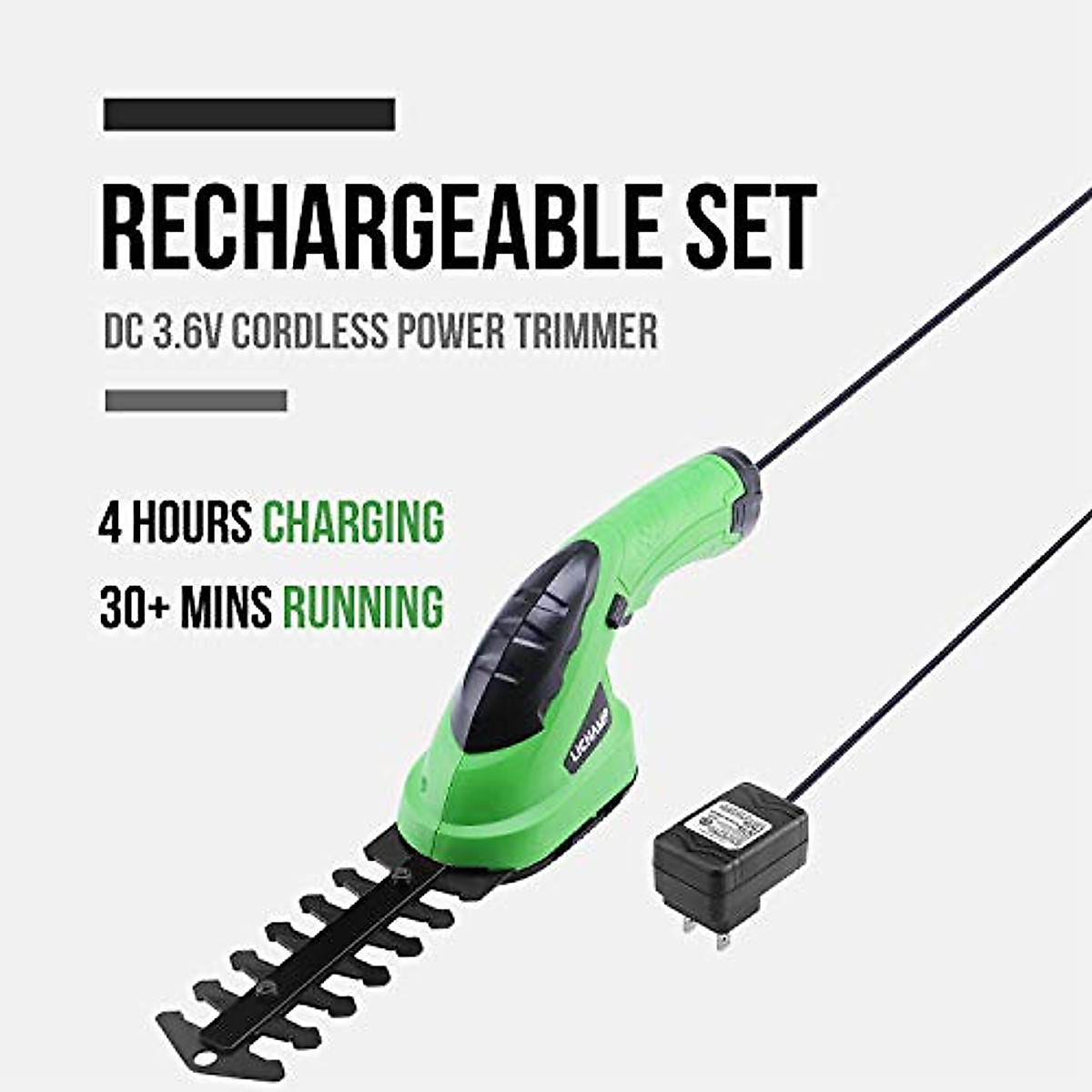 Lichamp 2-in-1 Electric Hand Held Grass Shear Hedge Trimmer Shrubbery Clipper Cordless Battery Powered Rechargeable for Garden and Lawn, CGS-3601 Grass Green