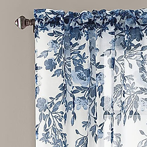 Lush Decor Tanisha Sheer Curtains Room Darkening Floral Vine Print Design Window Panel Set (Pair), Sheer 38" W x 84" L, Navy & White