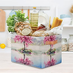Oil Painting Of Cherry Trees Storage Basket, Collapsible Canvas Fabric Storage Toys Bin Shelves Decor Laundry Organizer with Leather Handles for Closet Shelf Nursery Bedroom 15x11x9.5 In