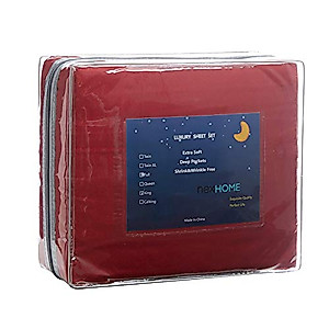 NexHome Full Size Sheet Set, Breathable & Cooling Sheets, Hotel Luxury Bed Sheet, Extra Soft, Deep Pockets 16", Easy Fit, Wrinkle Free, Comfy, Wine Red Bed Sheets 4 Piece Set