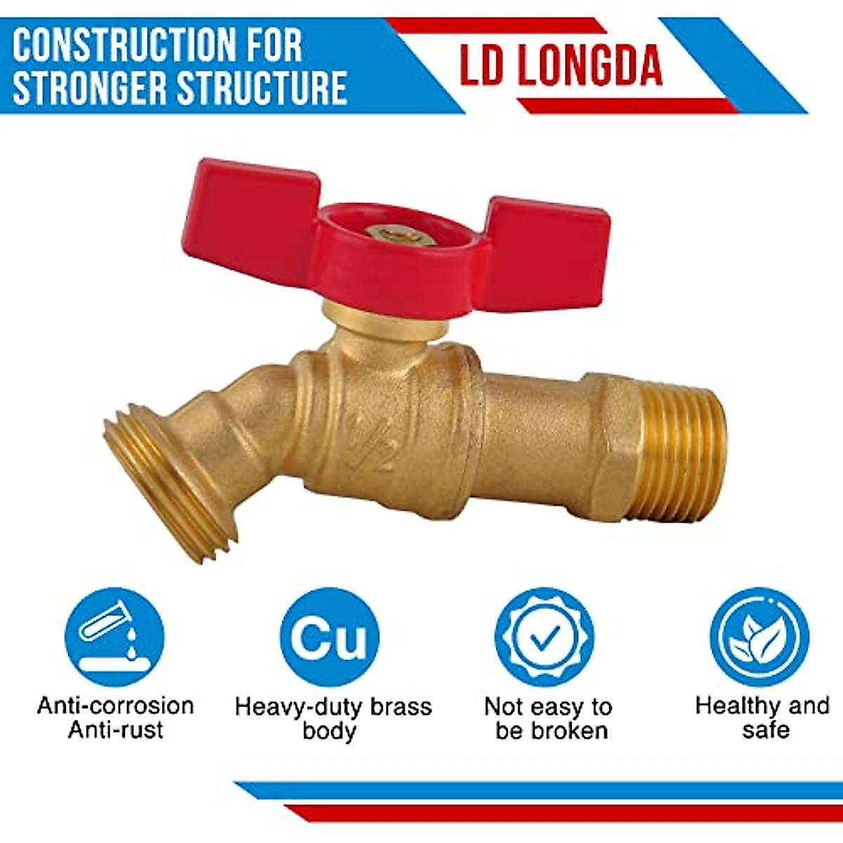 LD Longda Male Hose Bibb 1/2" MIP × 3/4" MHT with 1/4-Turn Water Hose Shut Off Valve, Hreaded Garden Hose Outlet Ideal for Gardens, patios, Boiler Drain (1-Pack)