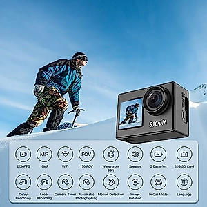 SJCAM Upgraded SJ4000 Action Camera 4K Ultra HD Dual Screen Underwater Camera 98FT Waterproof, 170° Wide Angle, Stabilization, 5X Zoom, WiFi Camera with Extra Battery, SD Card, Helmet Accessories Kit