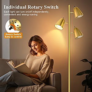 QiMH Tree Floor Lamp with 3 Light Bulbs, Standing Tall Pole Lamps for Living Room Bedroom Office, Reading Stand up Lamps with 3 Adjustable Arms, Brushed Gold